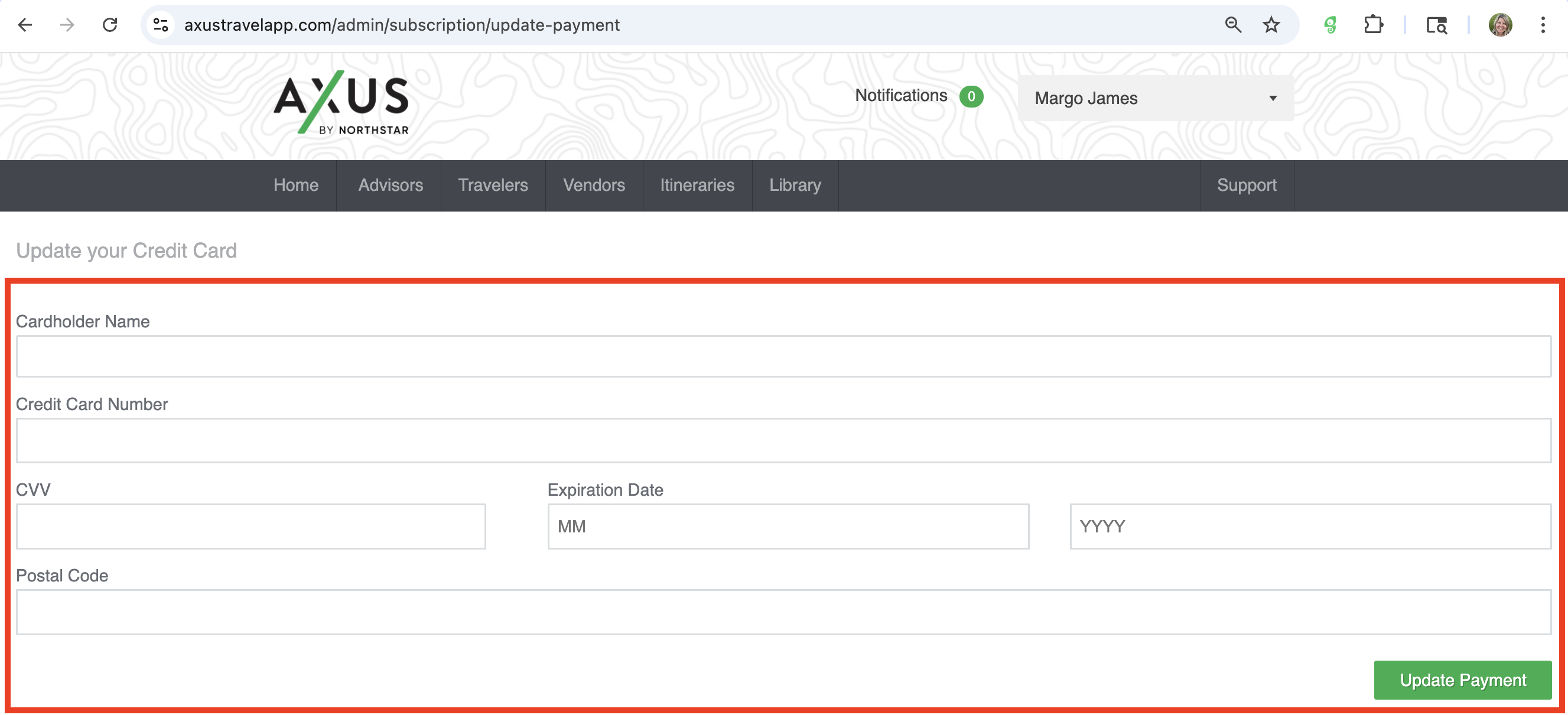 How to update credit card – AXUS Travel App