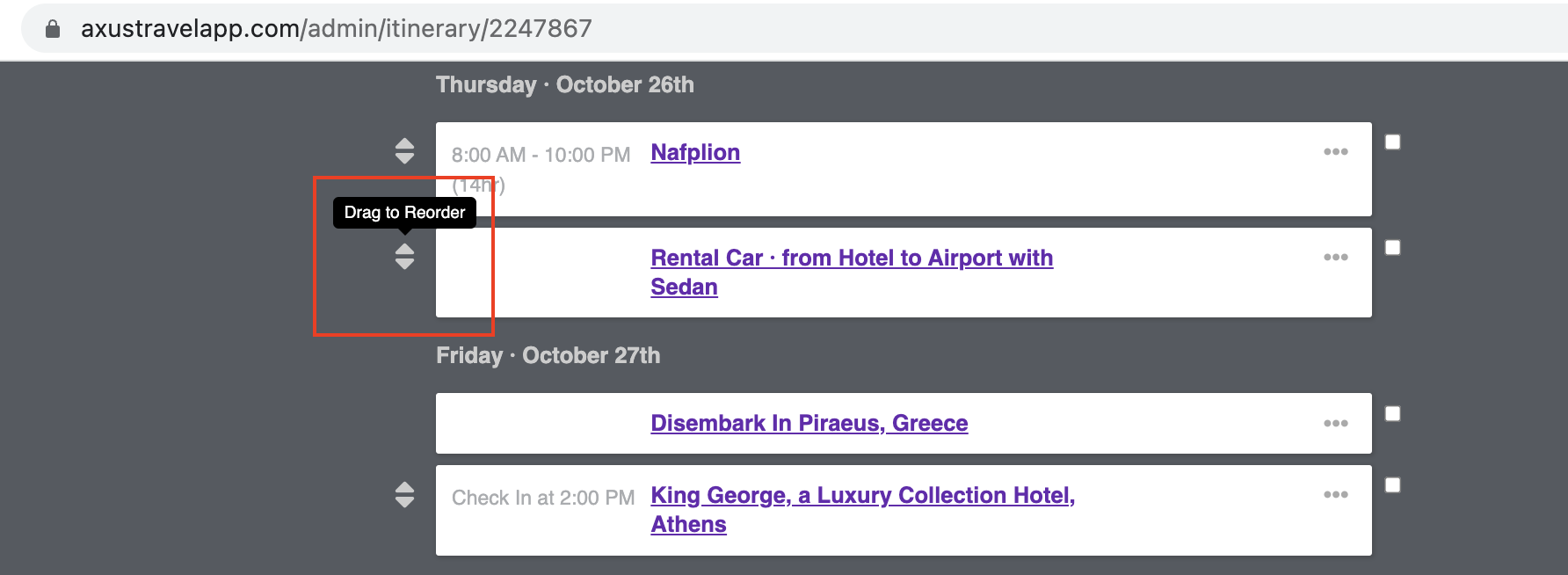 How do I change the order of my bookings in an itinerary? – AXUS Travel App