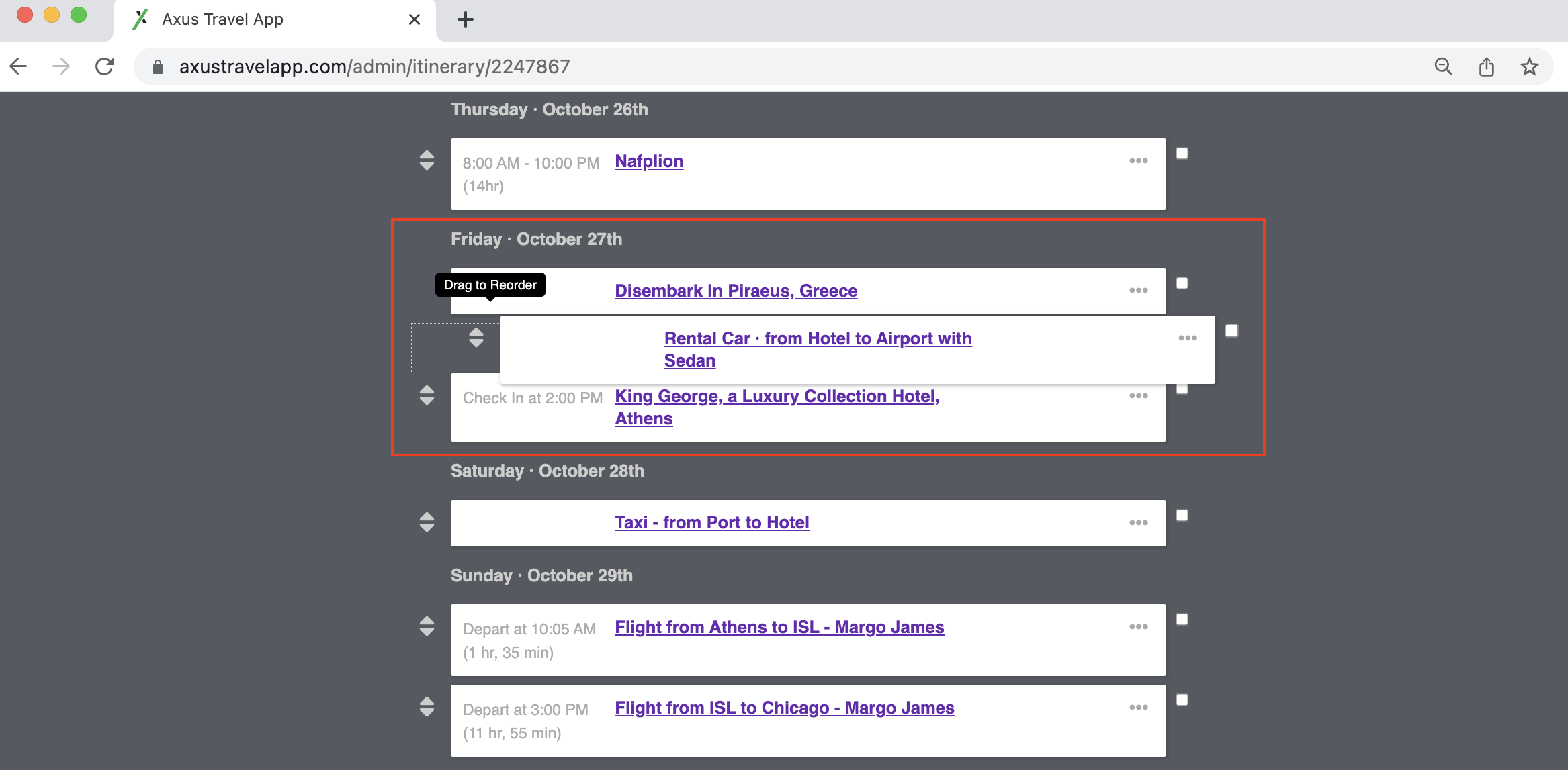 How do I change the order of my bookings in an itinerary? – AXUS Travel App